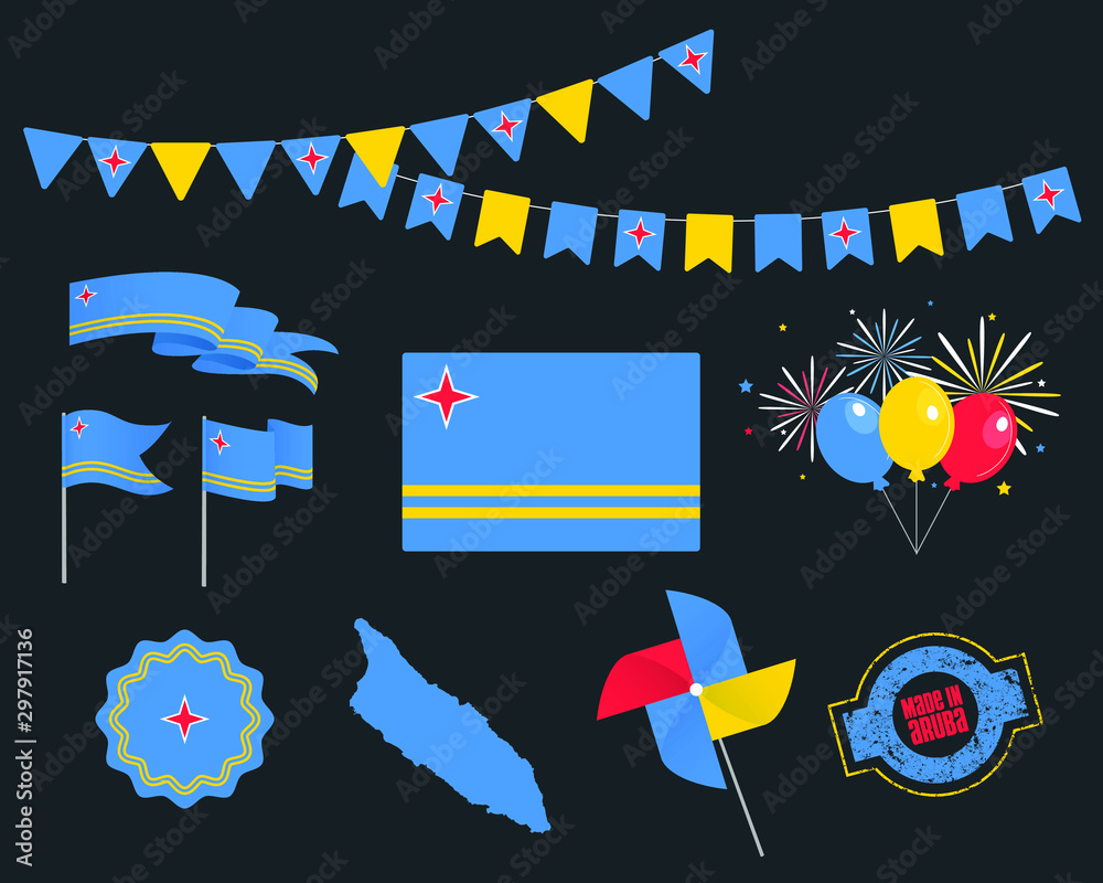 Big set of Aruba ribbons, symbols, icons and flags isolated on a dark ...