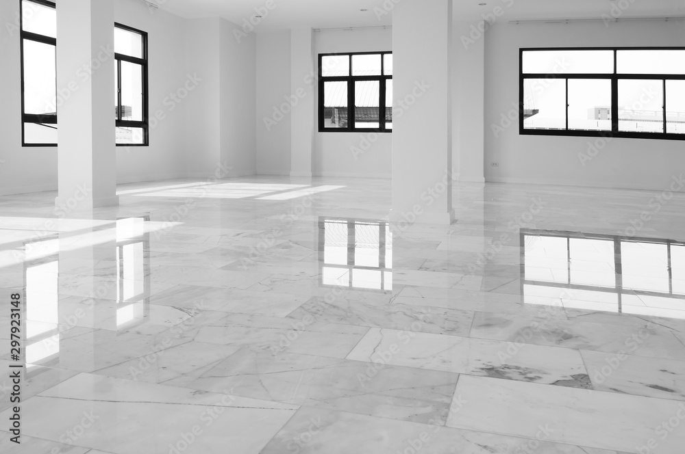 Interior of empty apartment,wide room with marble floor.White with grey ...