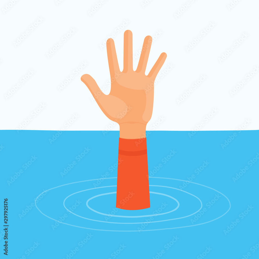 Drowning man in sea with raised hand calling for help. Flat cartoon ...