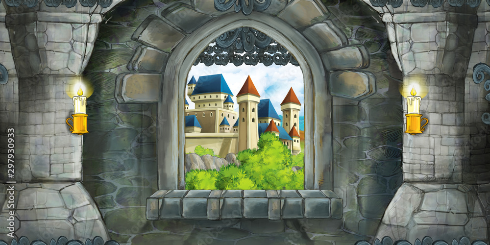 Cartoon scene of medieval castle interior with window with view on some ...
