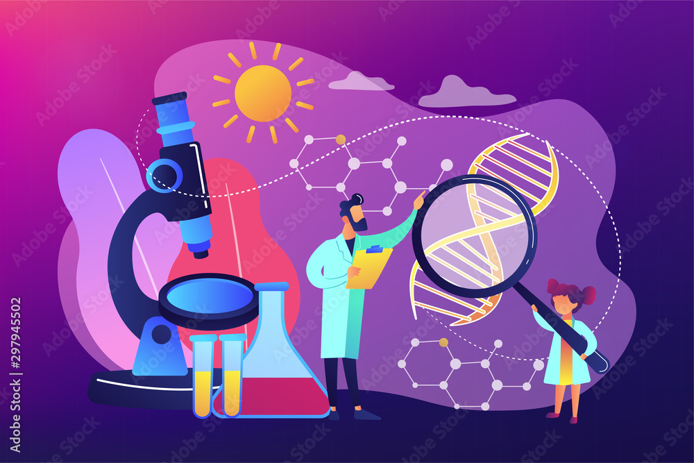 A girl with magnifier and scientist carry out an experiment, tiny people. Kids Science camp ...