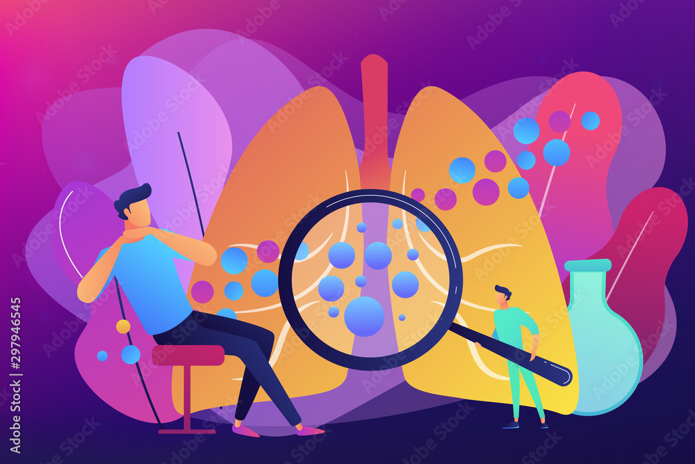 Male patient with anaphylactic symptoms and doctor with magnifier ...