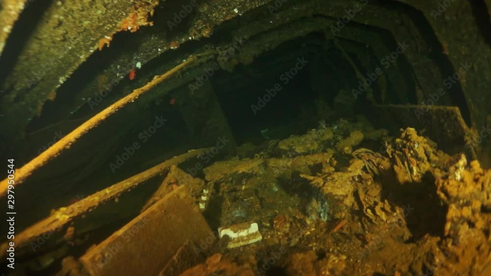 Sunken ship inside view on wreck underwater in Truk Lagoon on Chuuk ...