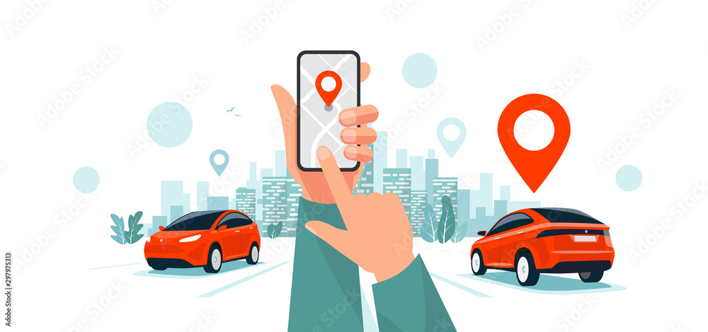 Isolated vector illustration of hands with smartphone app and motorway ...