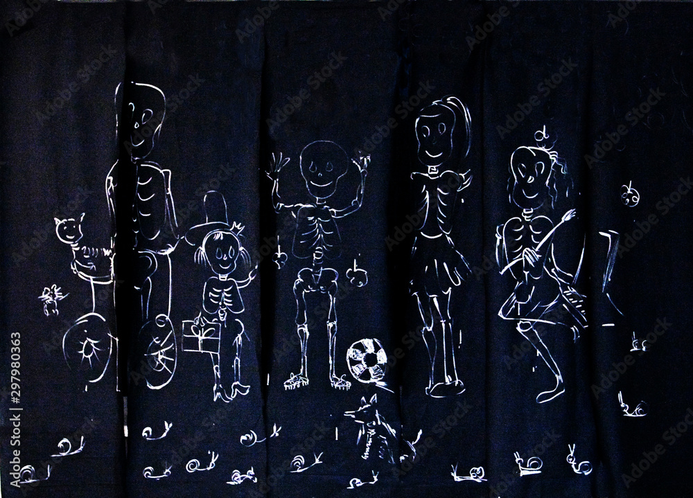 skeleton family painted with white paint on black paper portrait ...