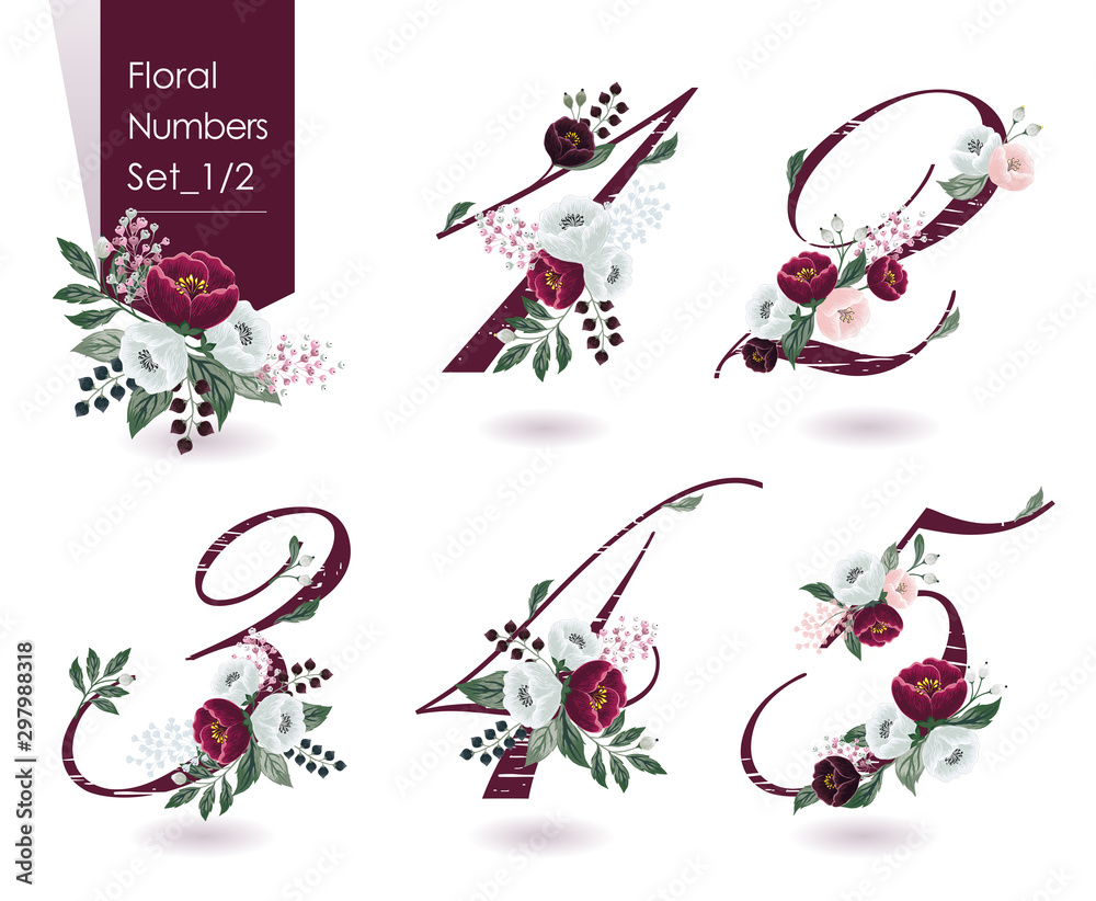 Vector illustration of floral numbers collection in spring. A set of ...