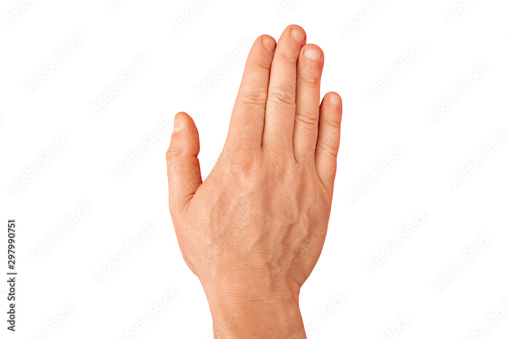 Open palm down with straight closed finger of adult guy. Gesture of man ...