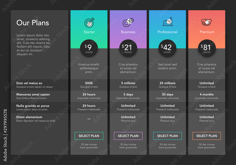 Modern pricing comparison table with four subscription plans and place ... Modern pricing comparison table with four subscription plans and place ...