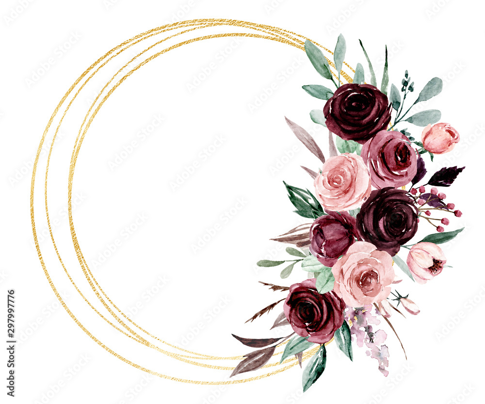 Flowers gold frame border. Watercolor hand painting floral wreath with ...