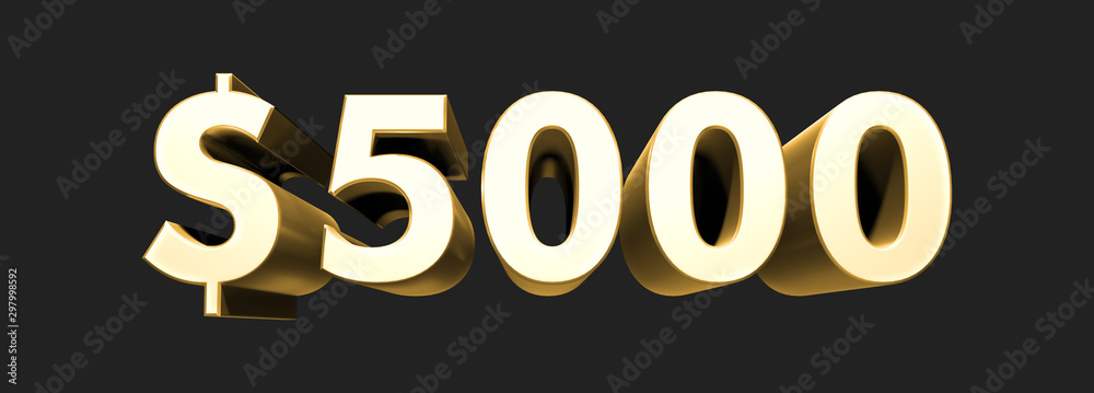 5000$ five thousand dollars. Metallic gold 3D numbers. 3D Illustration ...