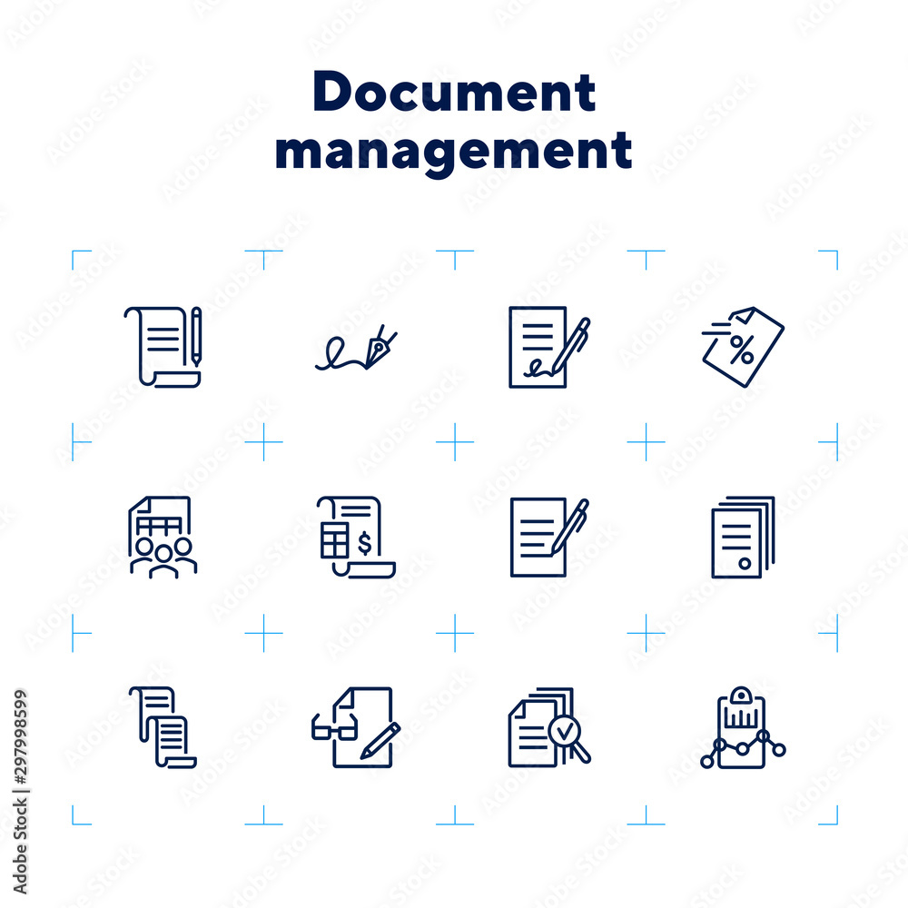 Document management line icon set. Signature, contract, invoice ...