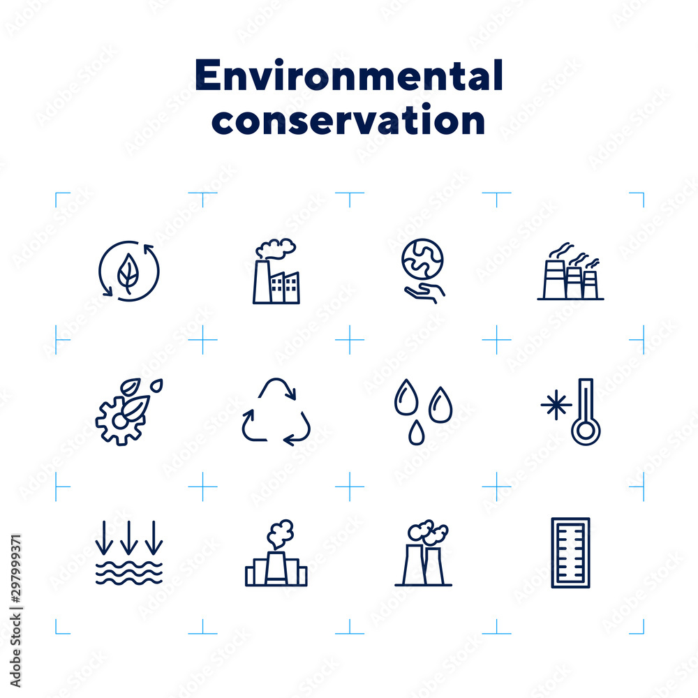 Environment protection line icon set. Factory, recycling, water drops ...
