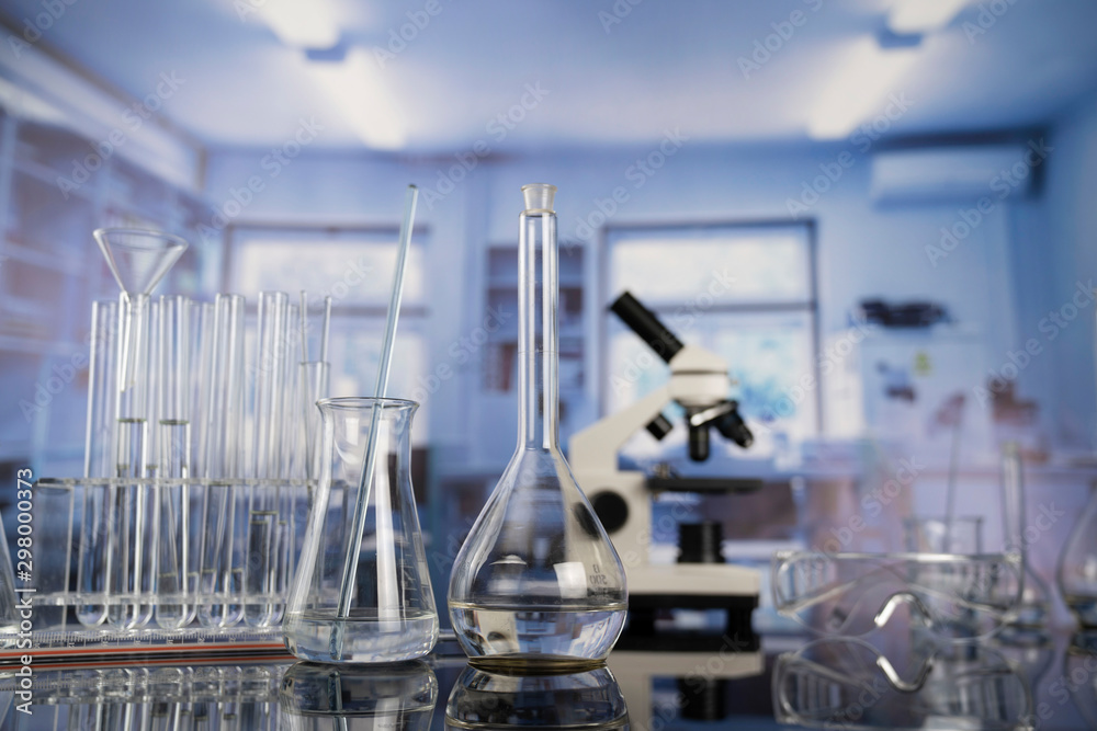 Modern scientific laboratory interior. Laboratory glassware and ...