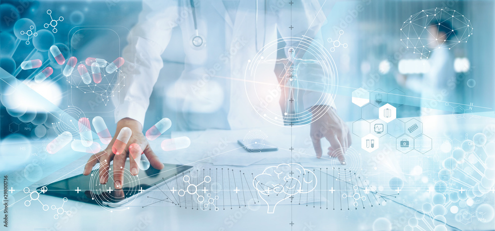 Medicine doctor analysis electronic medical record on interface display ...