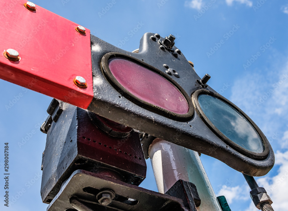 Close-up, shallow focus view of a vintage railway signalling system ...
