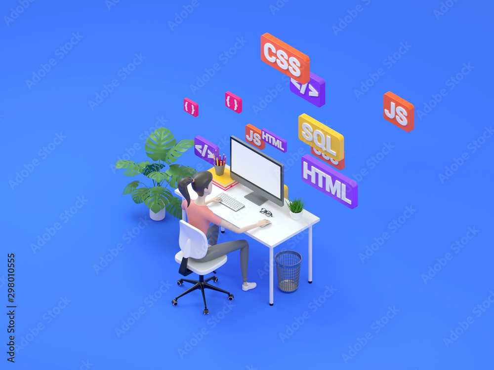 Female frontend developer sitting at a table in the modern office ...