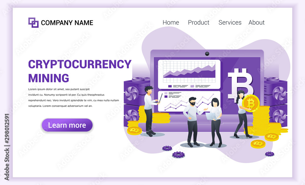 Cryptocurrency mining concept with people working on screen and laptop ...