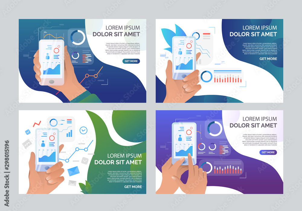Infographics on phone screen set. Hand of user holding smartphone ...