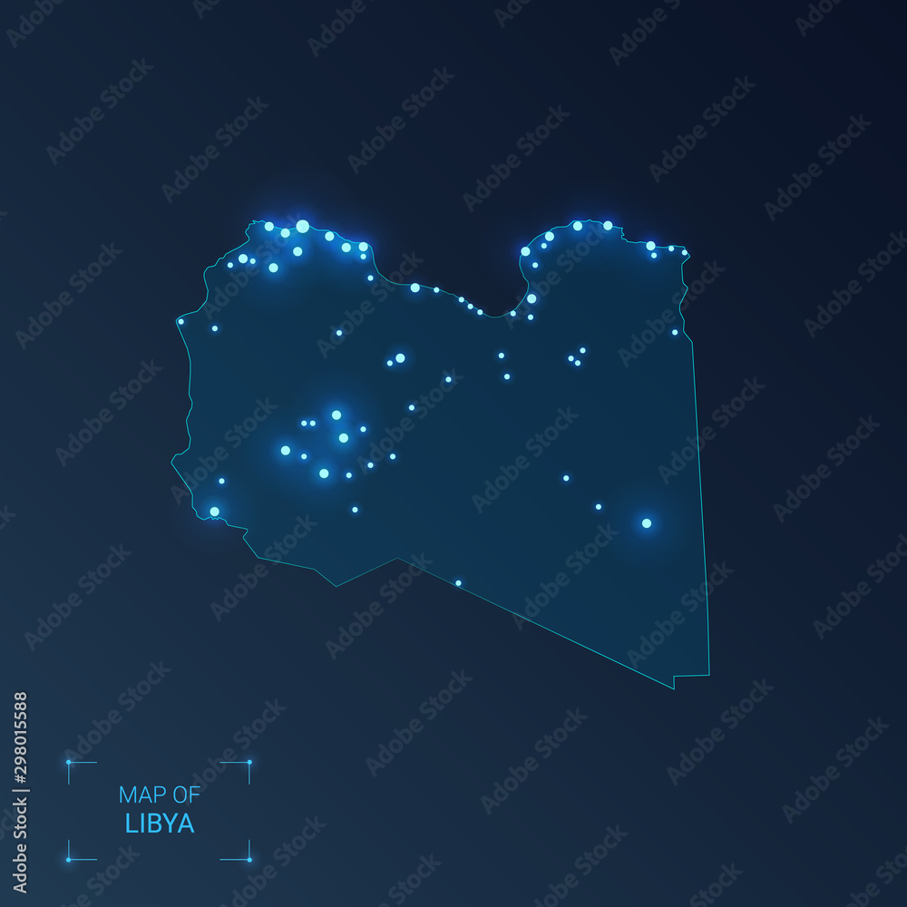 Libya map with cities. Luminous dots - neon lights on dark background ...