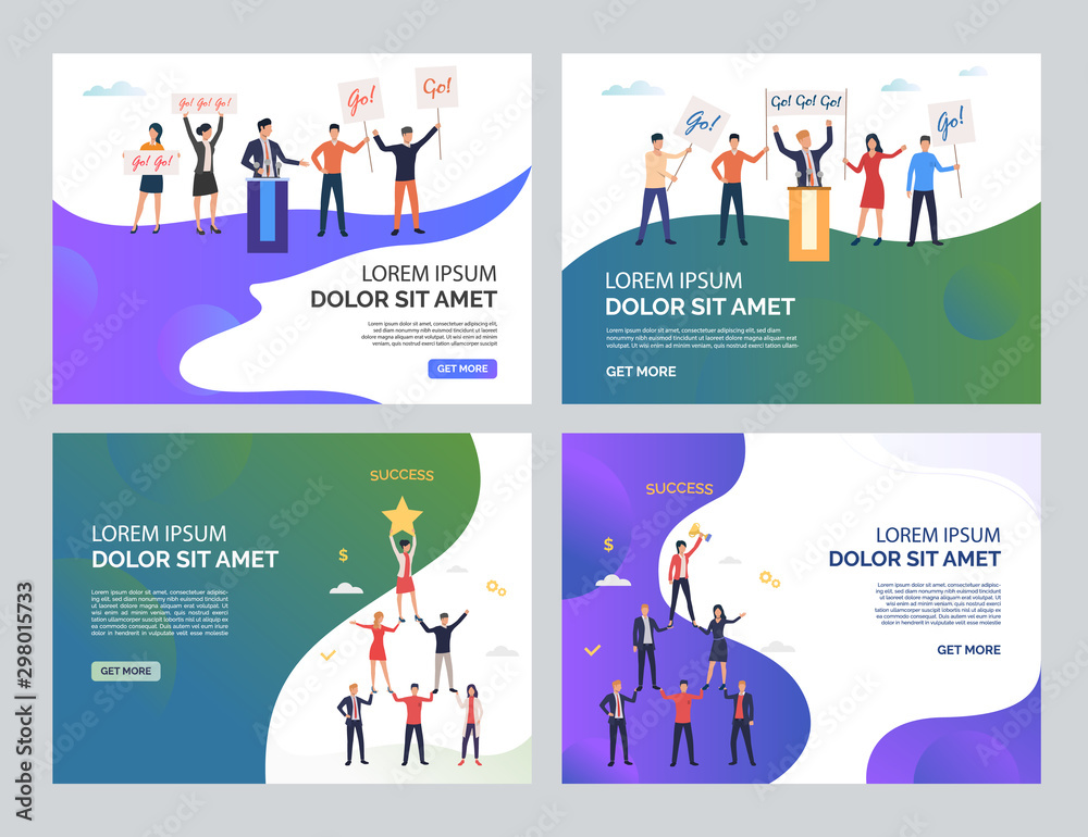 Political team success set. Politician speaking at podium, people ...