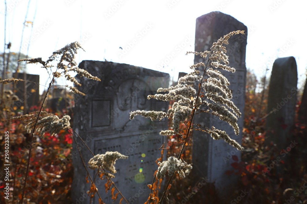 An old cluttered Jewish cemetery with uneven tombstones carved in ...