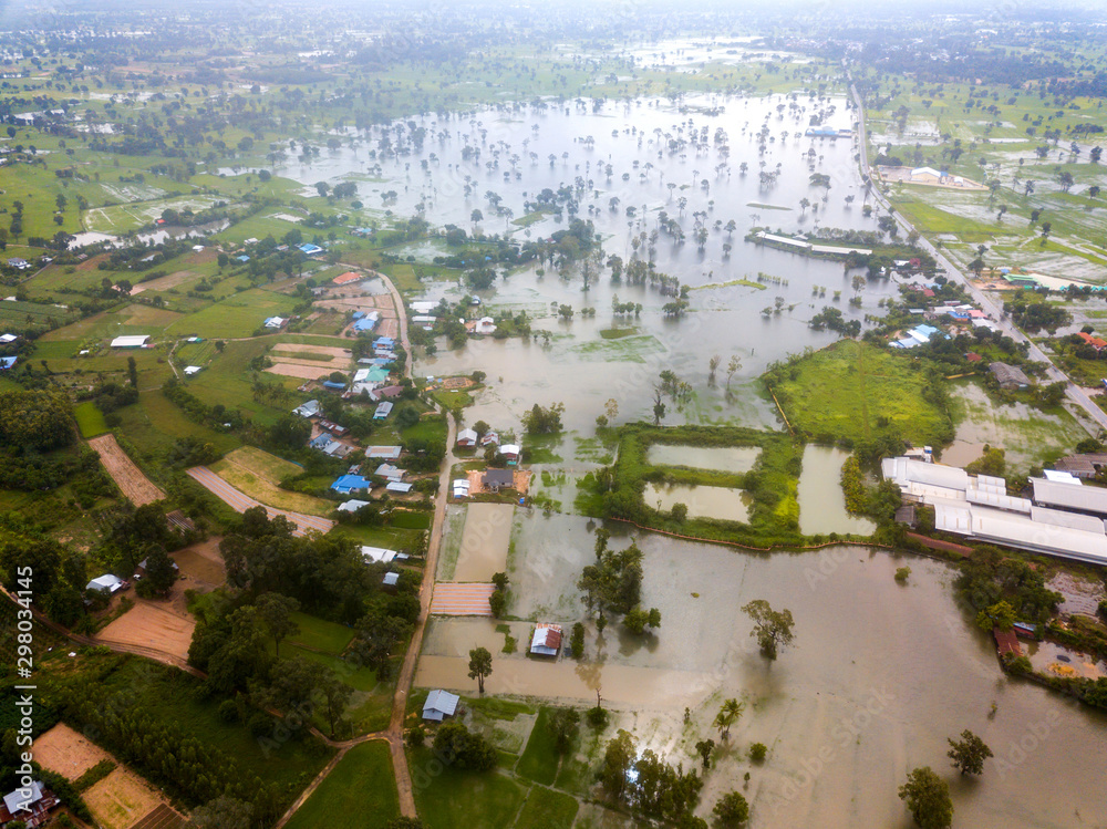 Top view Aerial photo from flying drone.Flooded rice paddies and ...