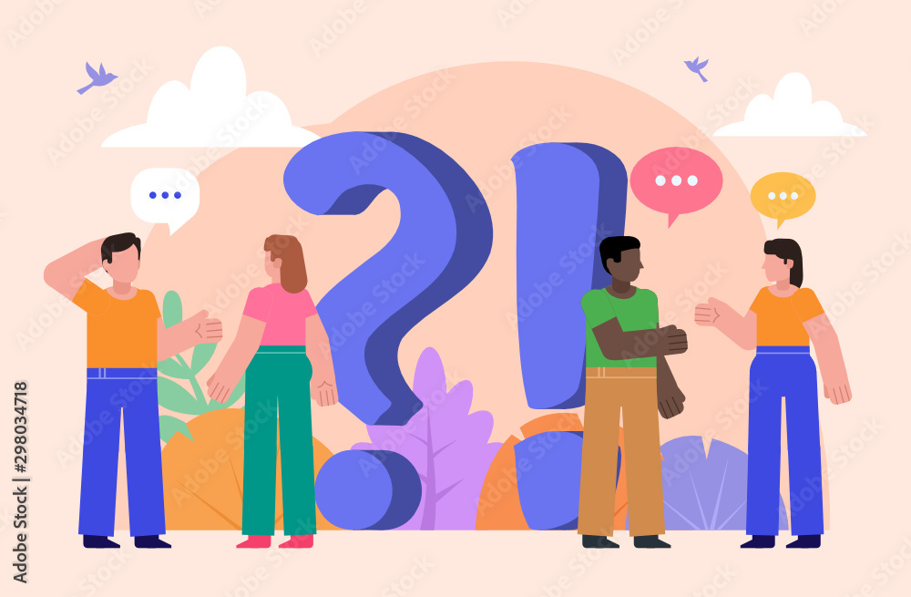 Questionnaire, FAQ, support or help concept. Group of people stand near ...