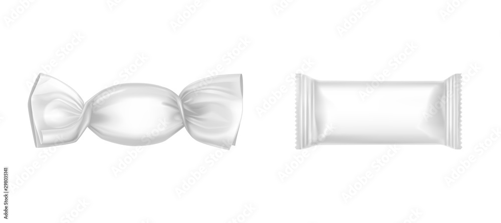 White candy wrappers, blank foil or paper wrapping package for lollipop ...