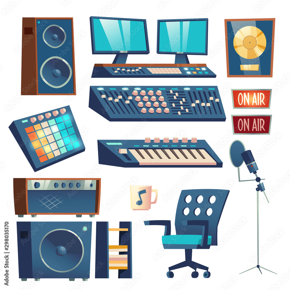 Studio sound recording equipment set isolated on white background ...