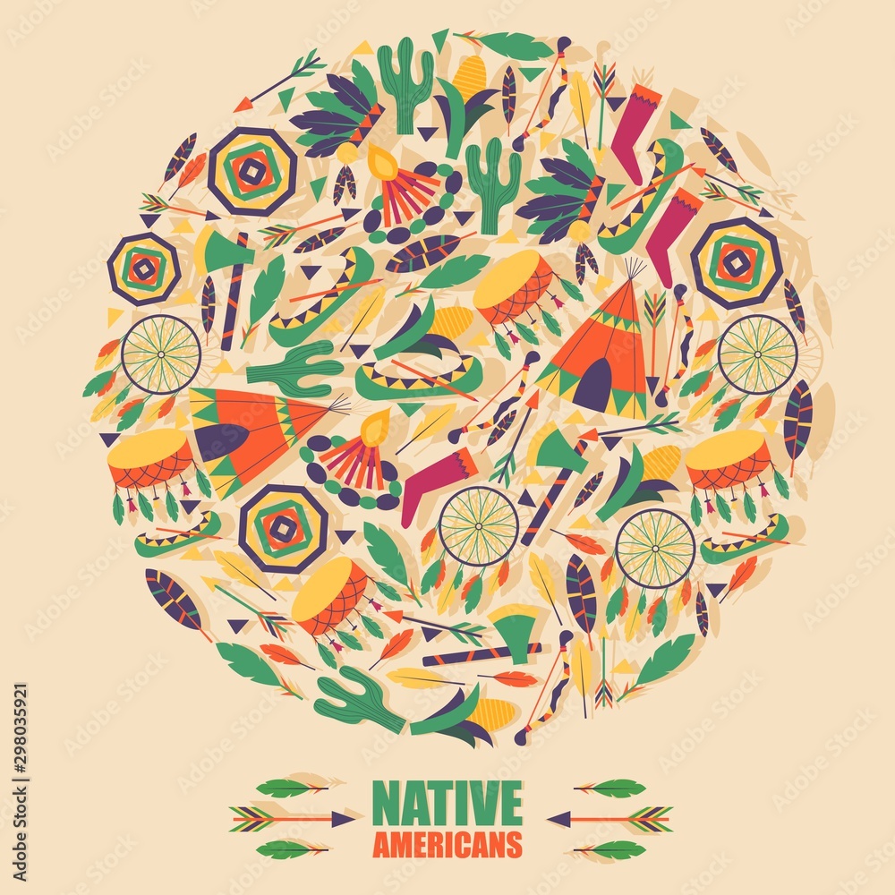 Native American culture icons in round frame composition, vector ...