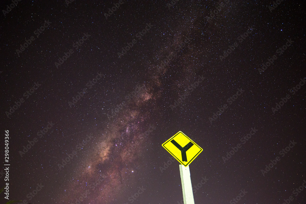 Sky and traffic signs at night, Milky way in the sky Stock Photo ...