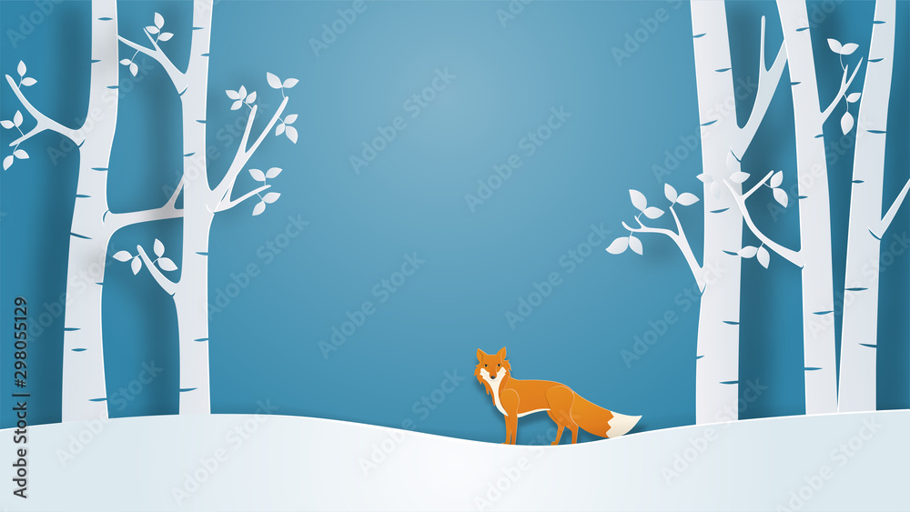 Winter landscape view background with lonely fox in paper cut style ...