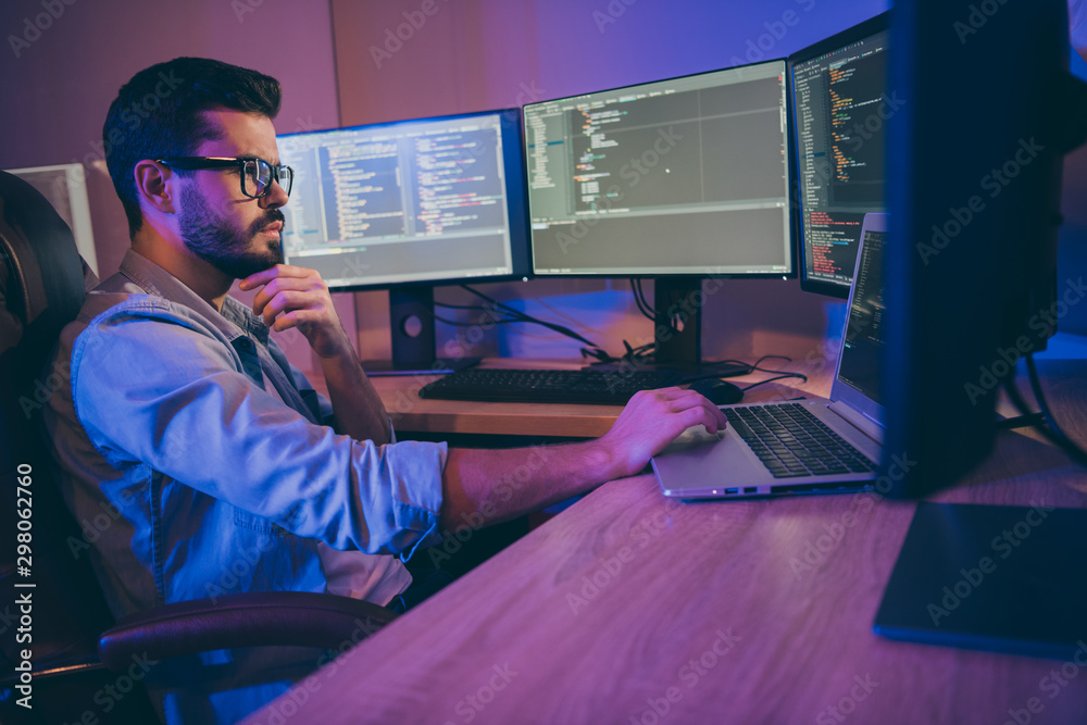 Profile photo of it specialist guy sitting comfy office chair holding ...