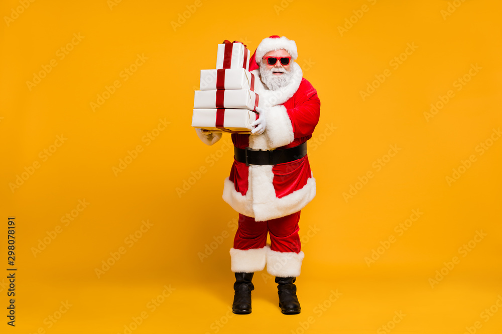 Full size photo of funny funky santa grey-hair claus in red hat ...