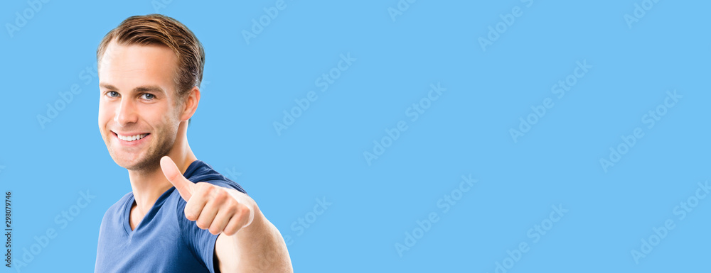 Happy excited of man in blue smart casual clothing, showing thumb up ...