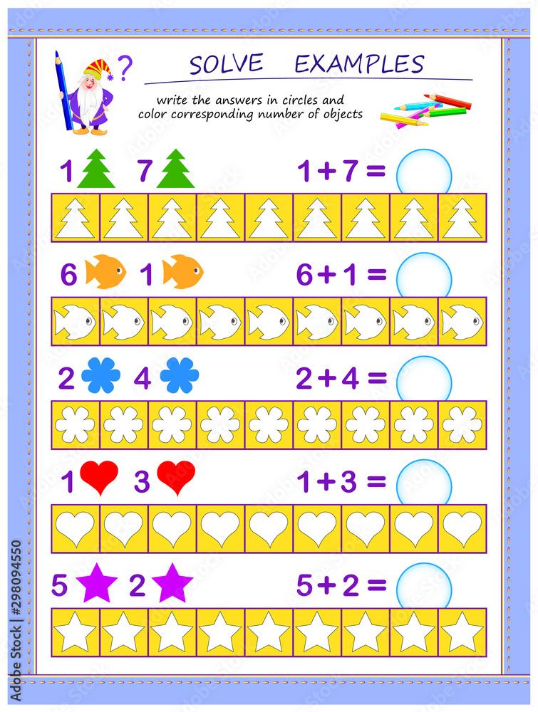 Educational page for children on addition. Solve examples, write the ...