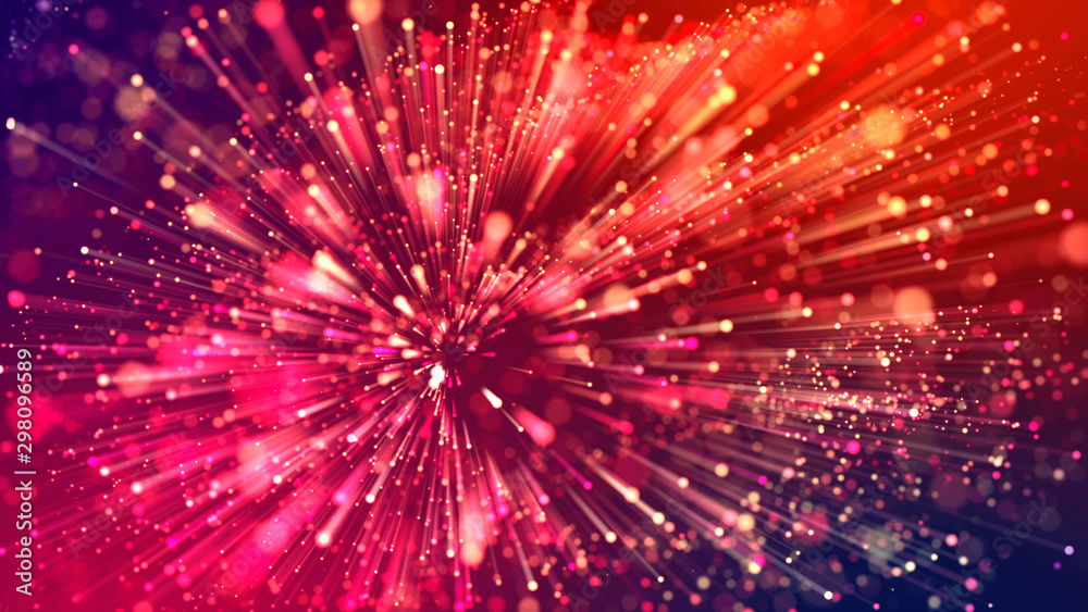Abstract explosion of multicolored shiny particles or light rays like laser show. 3d render ...