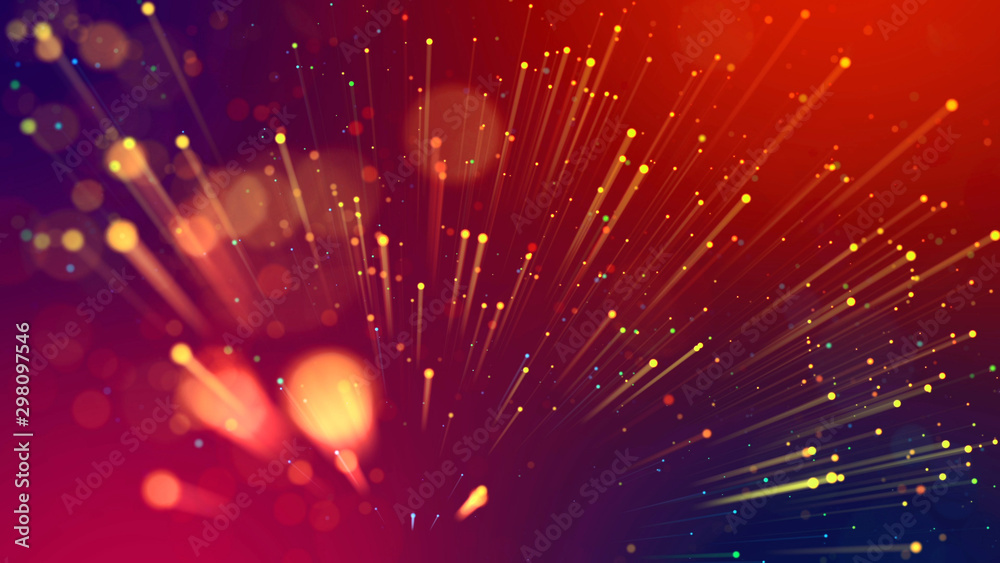 Abstract explosion of multicolored shiny particles or light rays like ...