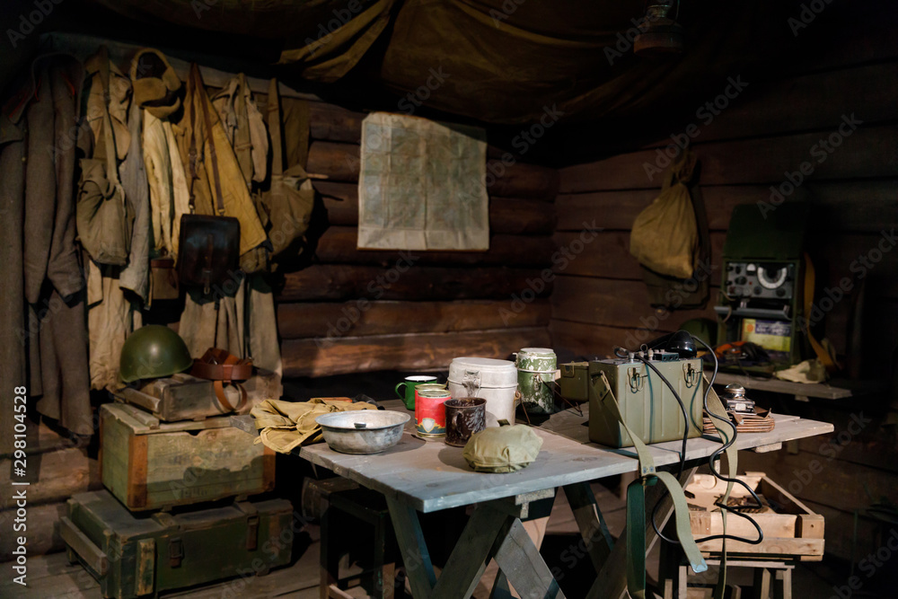 Interior of dugout Soviet soldiers during second world war, items of ...