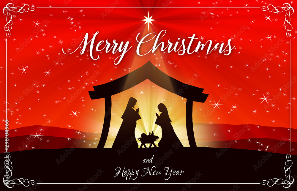 Red Merry Christmas greetings background with Nativity scene Stock ...