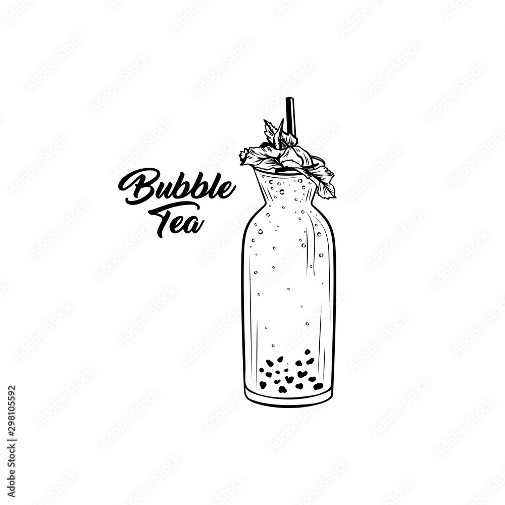 Bubble tea hand drawn black ink illustration. Pearl milk tea with fresh ...
