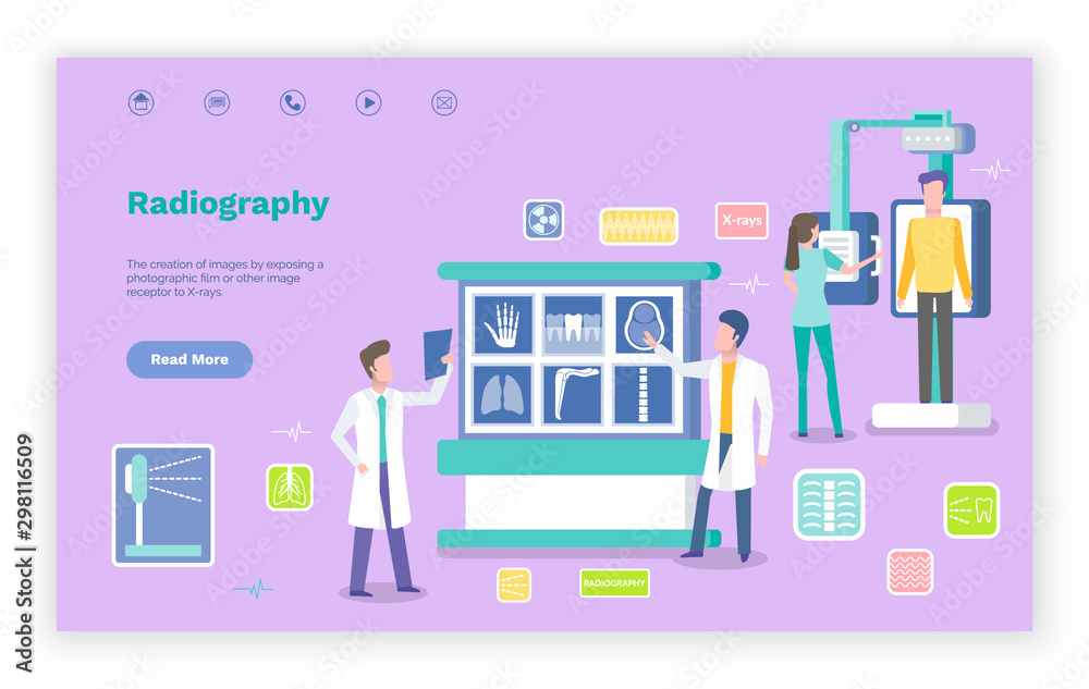 Radiography help for patients vector, doctors examining parts of body ...