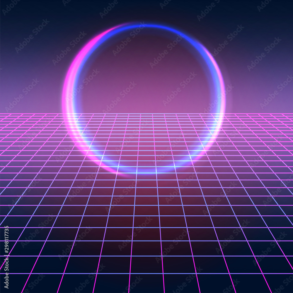 Disco floor, vintage dance club background with glowing neon ...