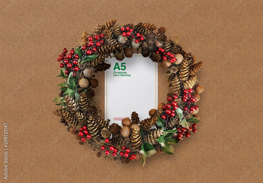 Christmas Themed Mockup with Paper and Wreath Stock Template | Adobe Stock