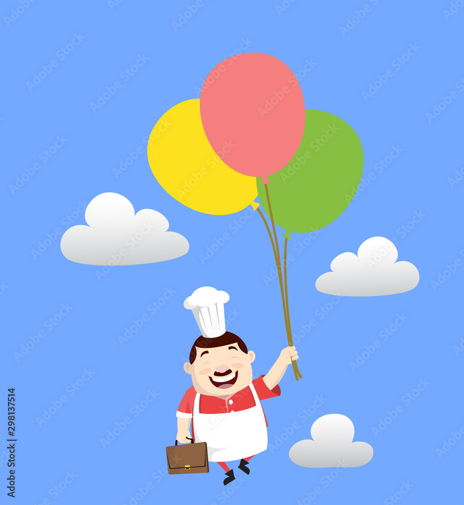 Cartoon Fat Funny Cook - Flying with Balloons Stock Vector | Adobe Stock