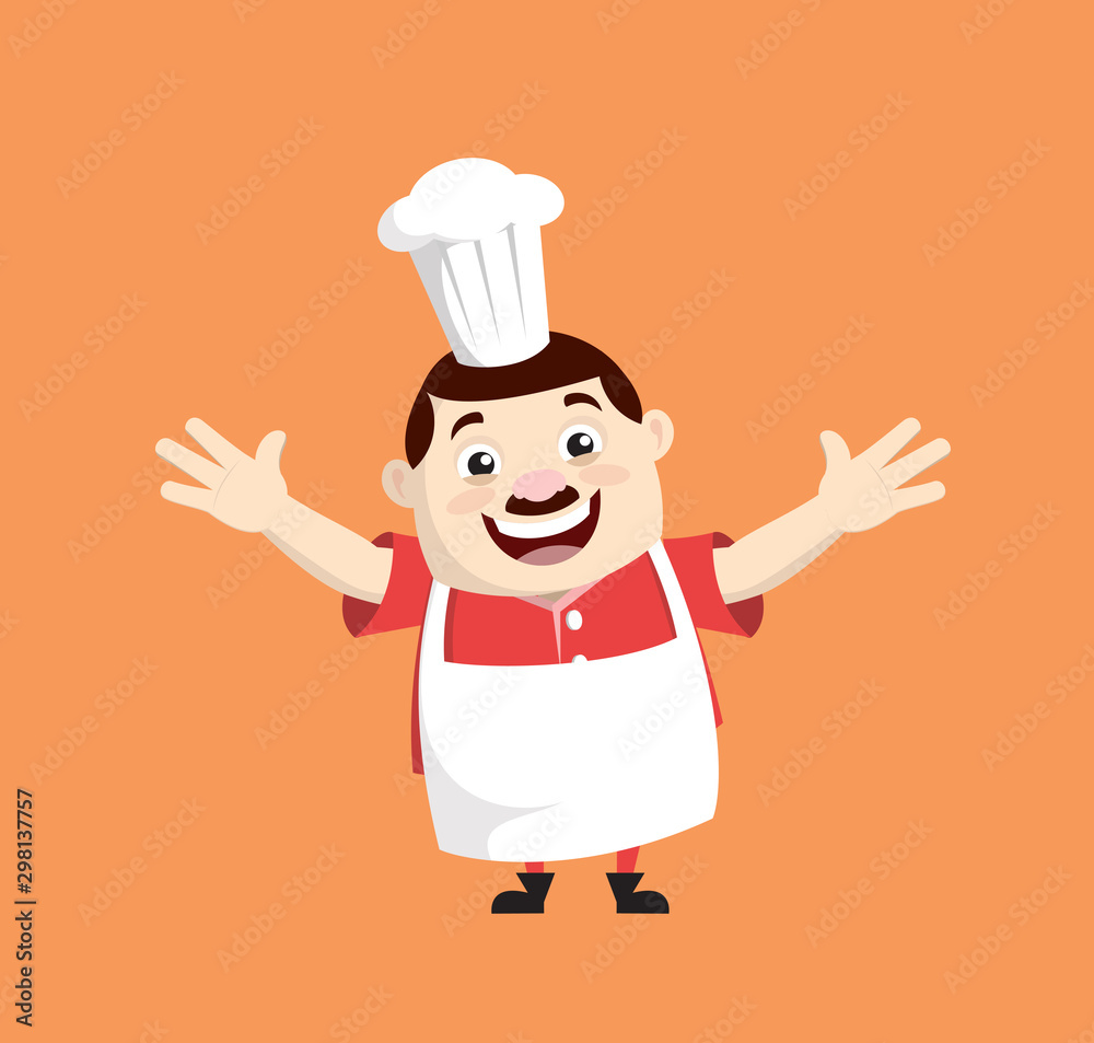 Cartoon Fat Funny Cook - In Cheerful Pose Stock Vector | Adobe Stock