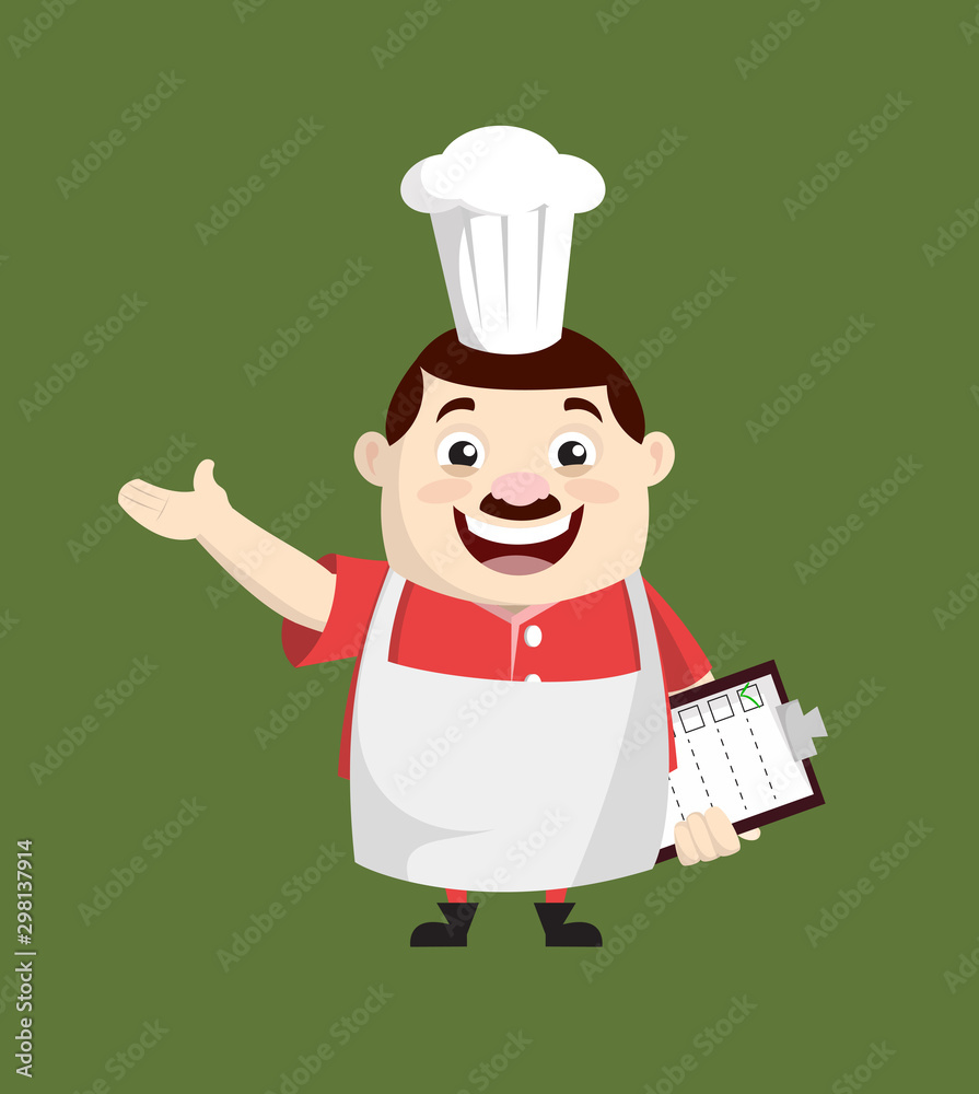 Cartoon Fat Funny Cook - Holding a Checklist and Showing with Hand ...