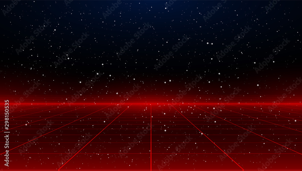 Newretrowave sci-fi red laser perspective grid background in starry ...