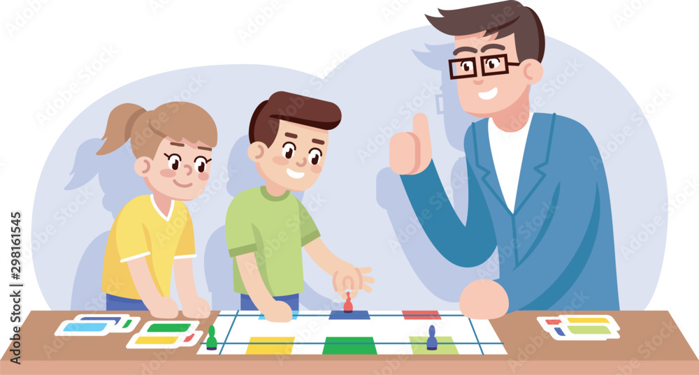 Children and teacher play educational board game flat vector ...