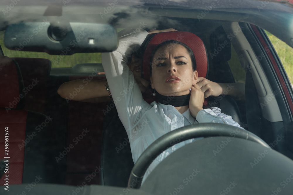 Scene from a detective series. Killer strangles business woman in her ...